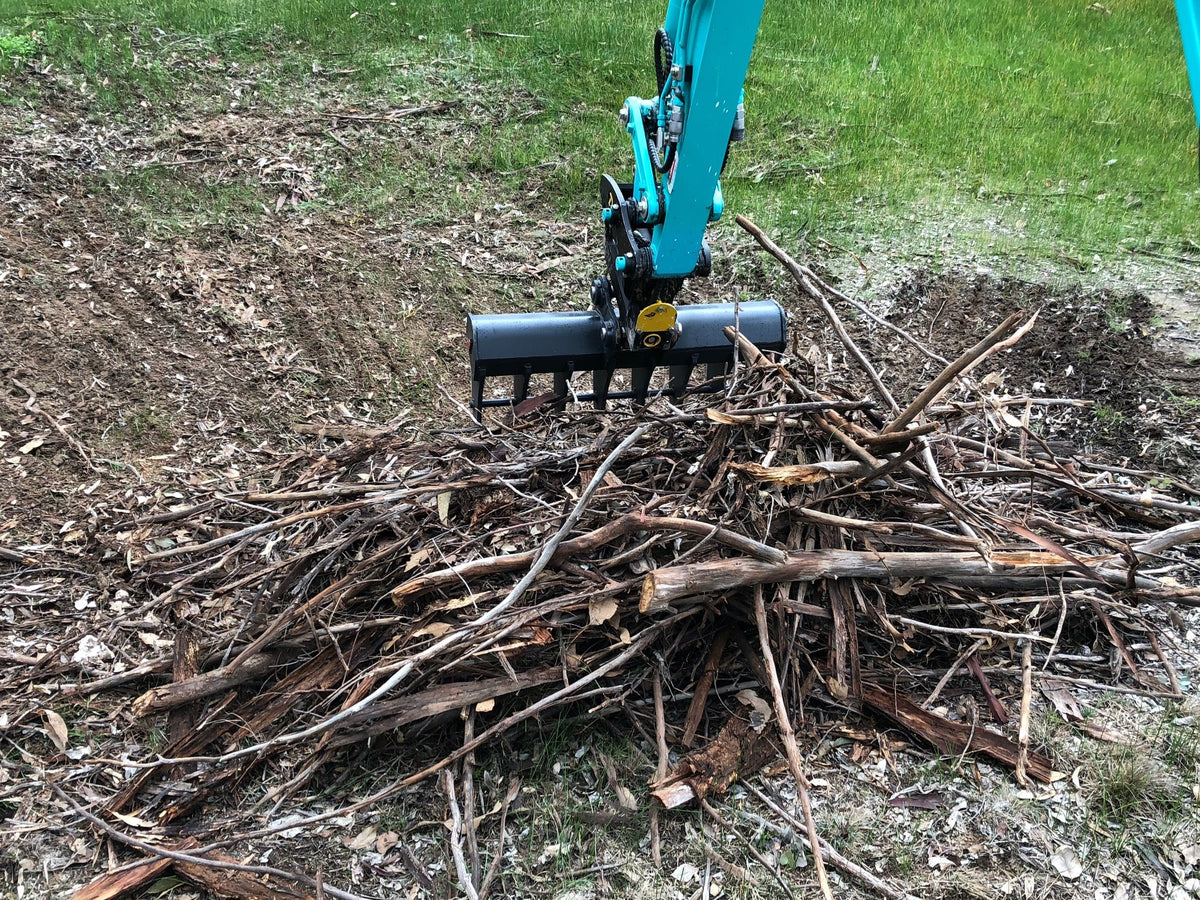 Stick Rake 1.2-1.8T to suit Mini Excavators – Earthmoving Warehouse